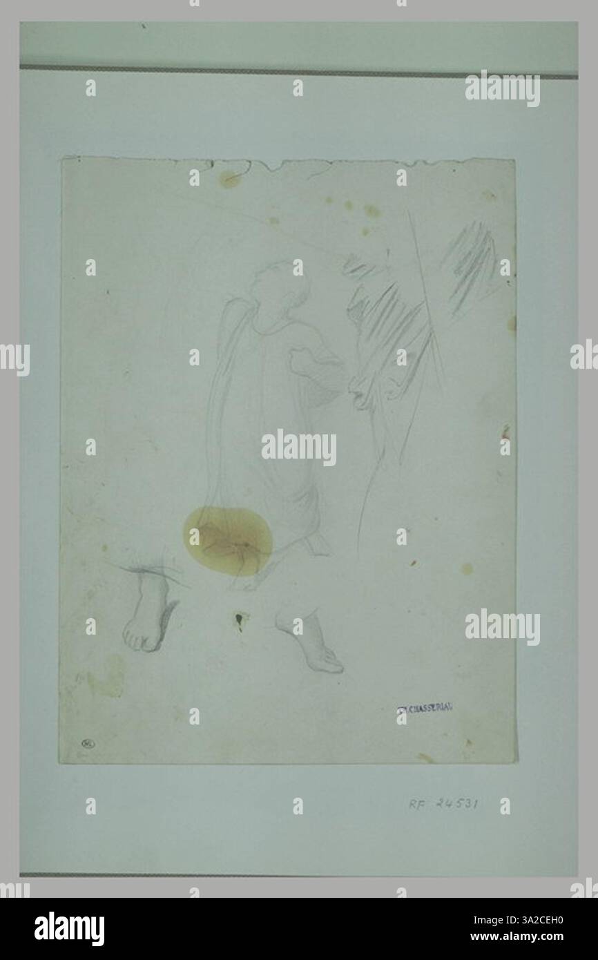 Chassériau’s sketch shows a man draped in fabric, with his right arm ...