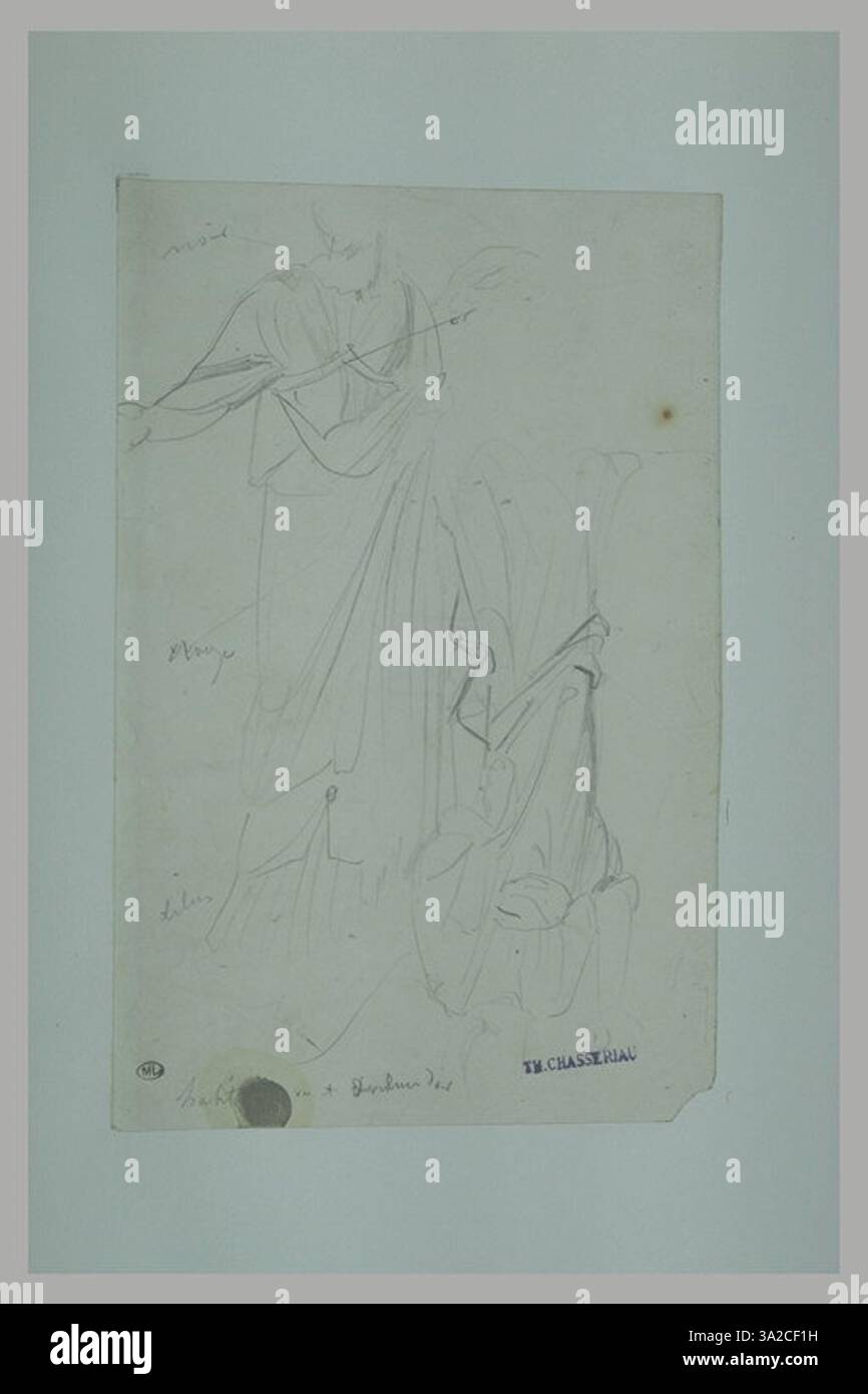 This piece features two studies of a figure draped in an antique style ...