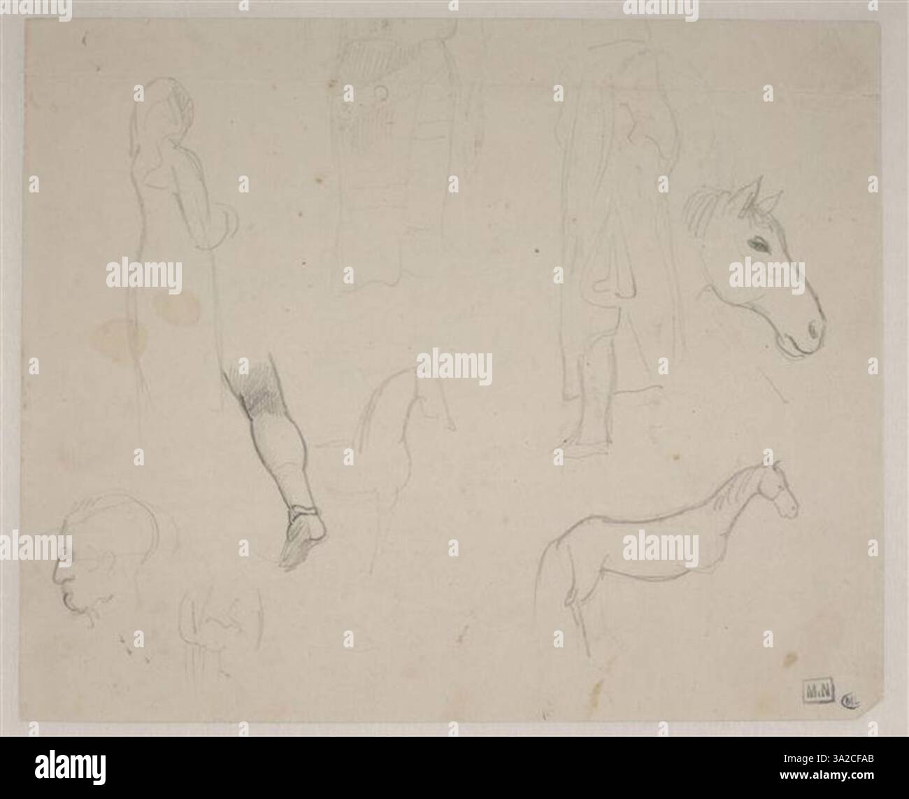 This sketch sheet contains studies of people, horses, and heads of a ...