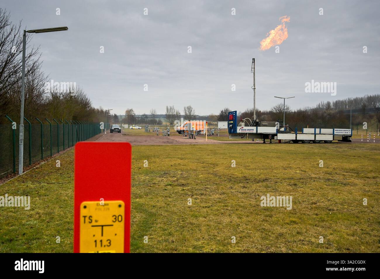 13 March 2025, Saxony-Anhalt, Milzau: A meter-high flame shoots out of ...