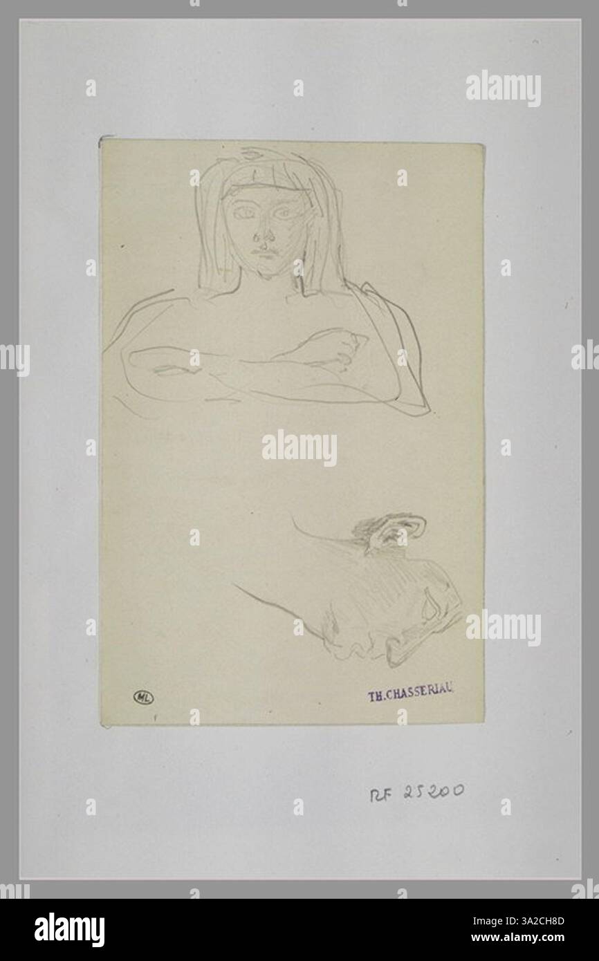 Chassériau's study of an Egyptian bust, presenting the figure from both ...