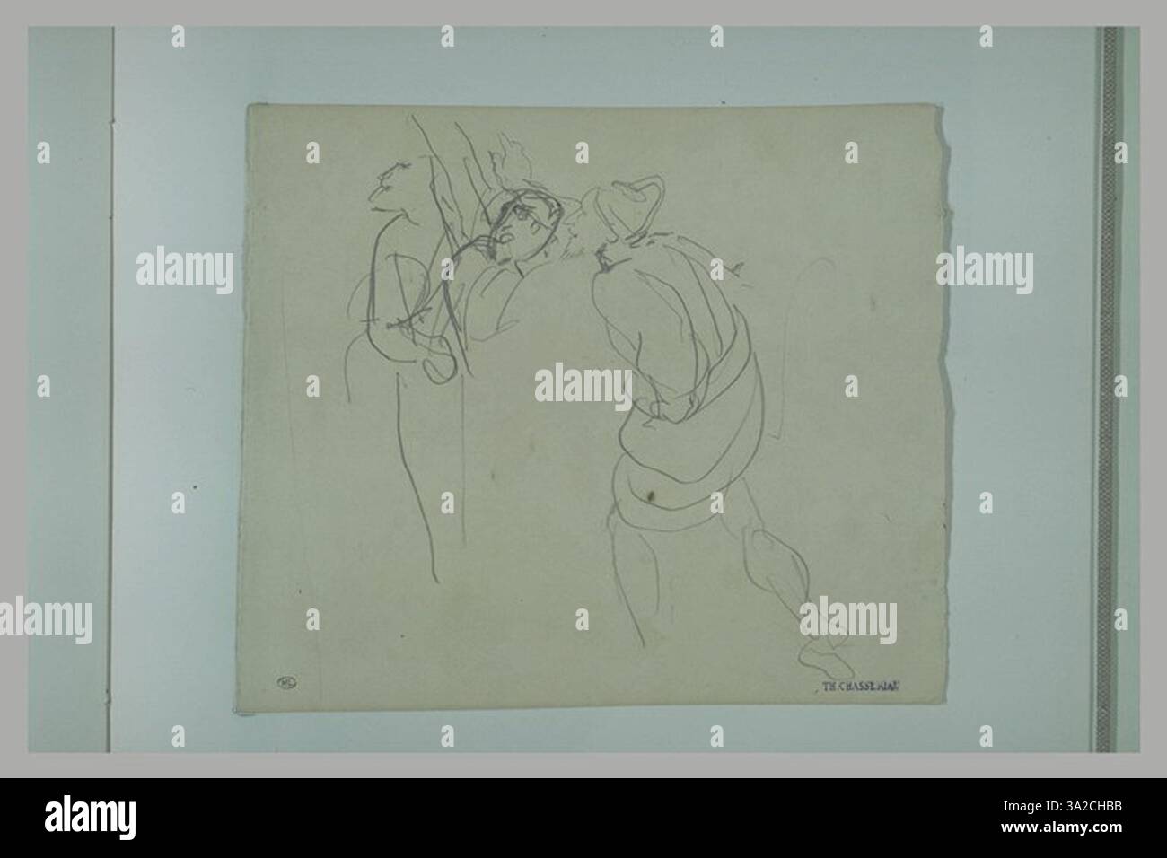 This piece shows three men turned to the left with arms stretched ...