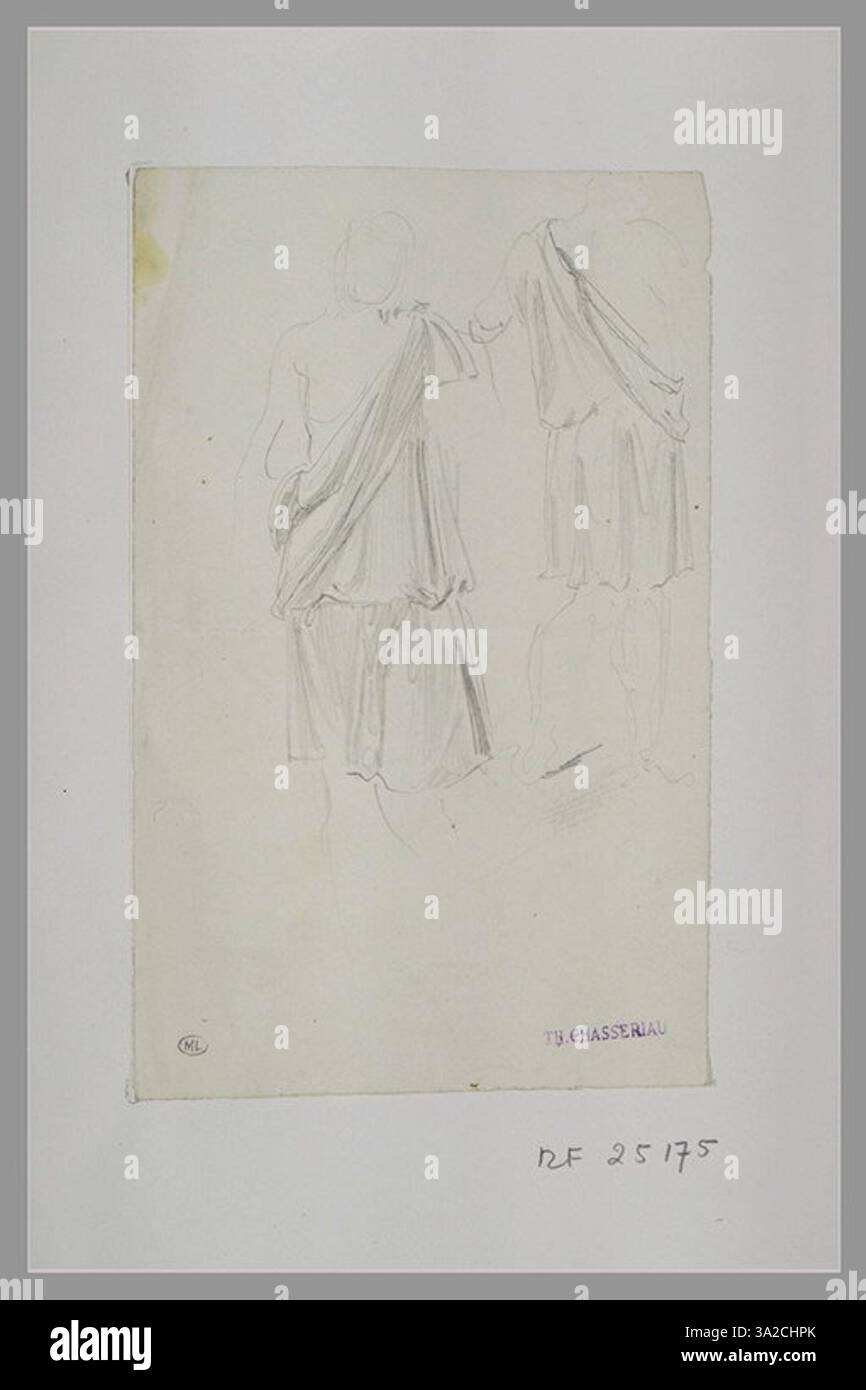 Chassériau’s drawing presents two studies for a draped figure. The ...