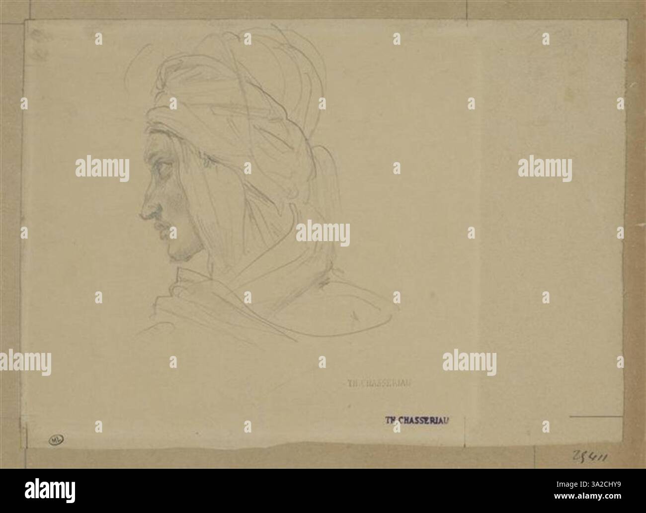 This drawing shows an Arab man’s head turned to the left. Chassériau ...