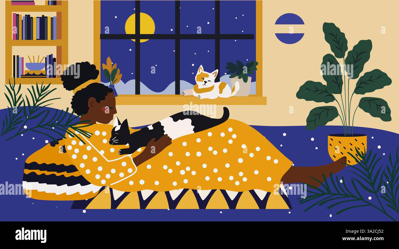 Woman relaxing with cats cozy home scene. A woman in a yellow dress ...