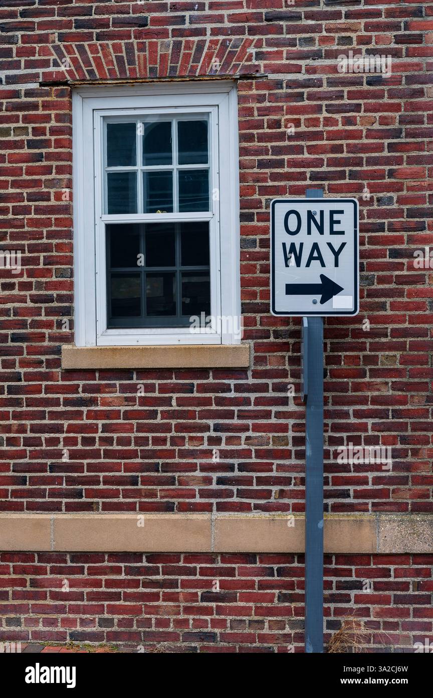 One Way Sign in Front Of A Red Brick Wall, Nantucket Island Stock Photo ...
