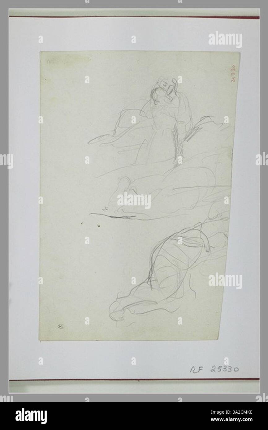 This drawing depicts a couple embracing, with two elongated forms. The ...