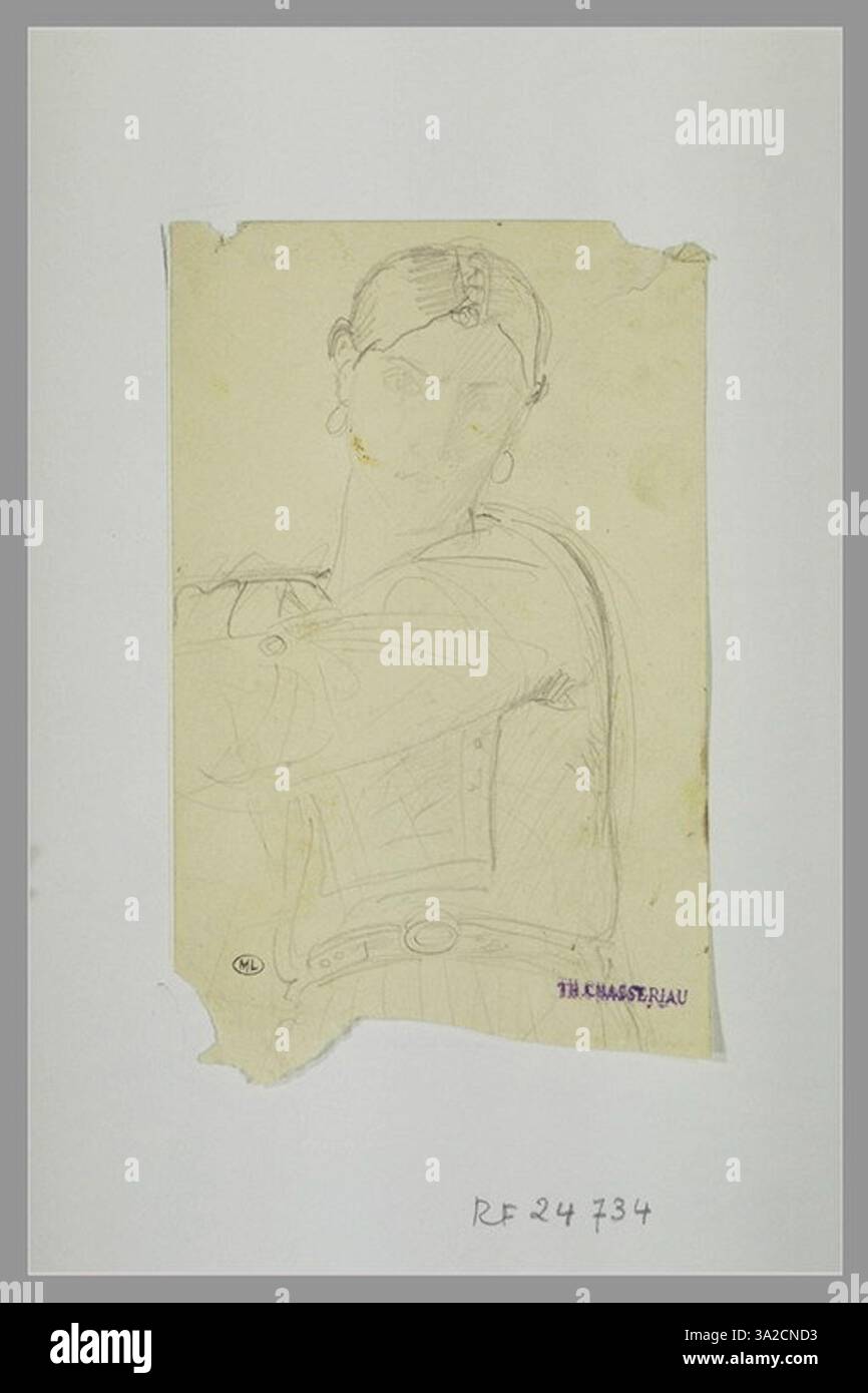 This image shows a woman in bust view with arms extended to the left ...