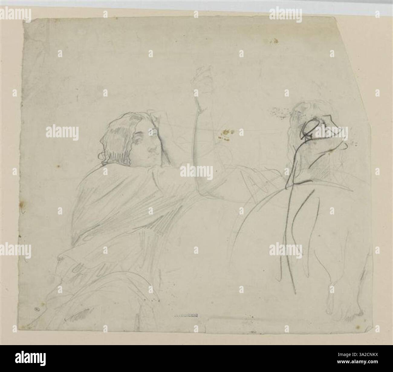 A seated woman in bust view, along with another woman in front, both ...