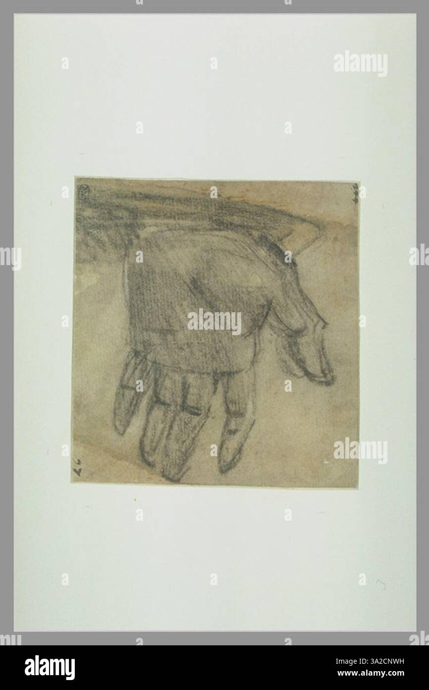 This study by Fra Bartolommeo features a detailed drawing of a left hand open. The drawing ...