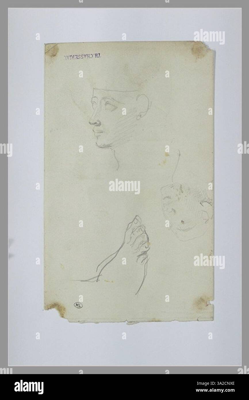 This drawing presents a man’s head in three-quarter view to the left ...