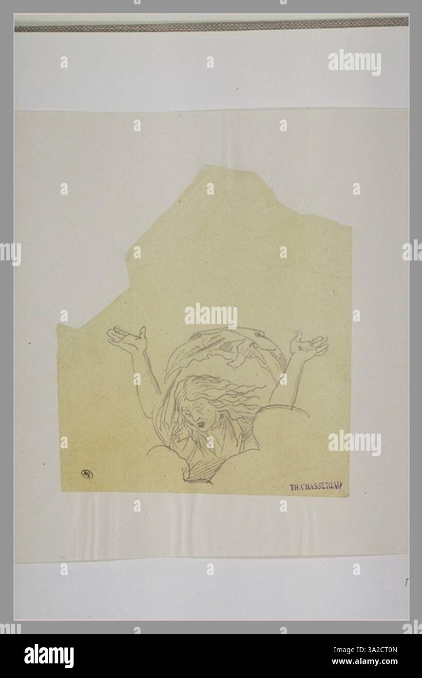 This drawing depicts a woman's bust with raised arms in an expression ...