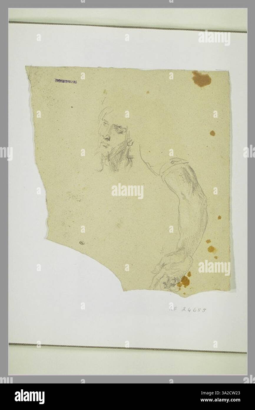 This drawing by Chassériau features a study of a man's head and arm ...