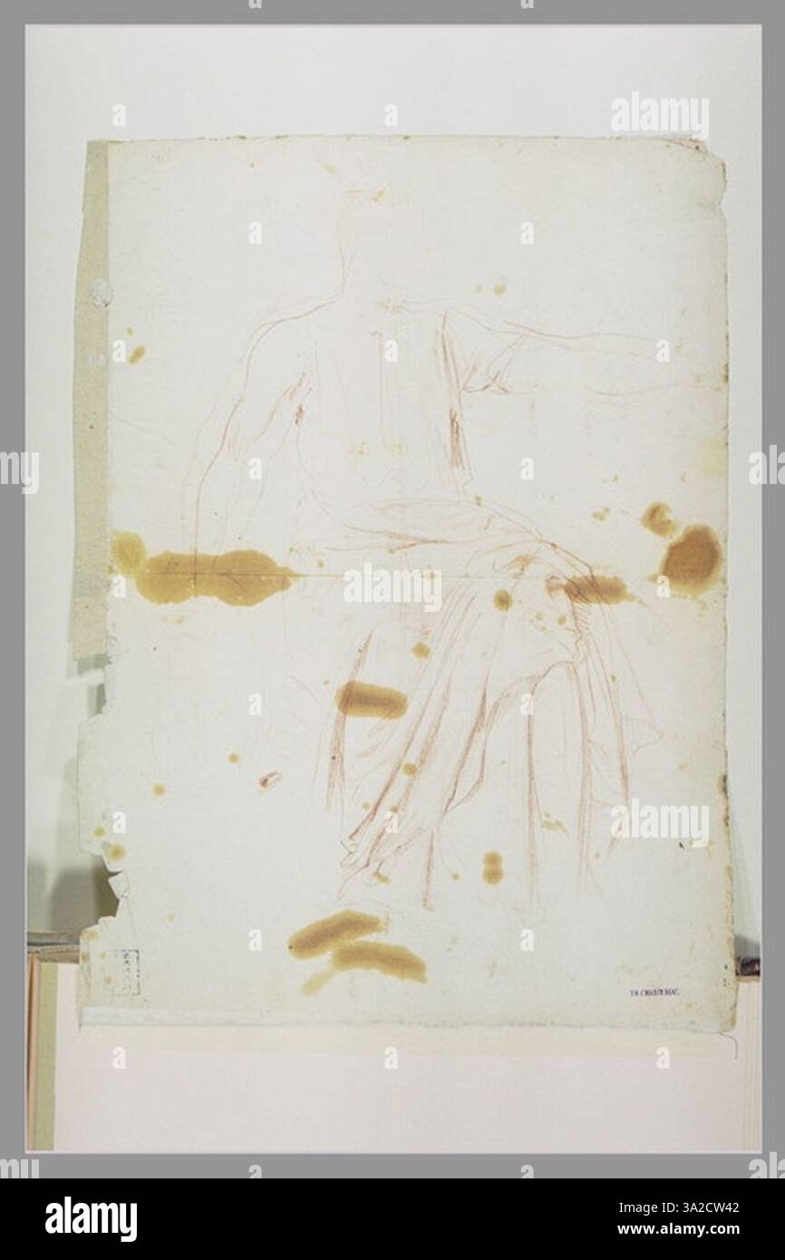 A seated draped figure, facing forward with legs turned to the right ...