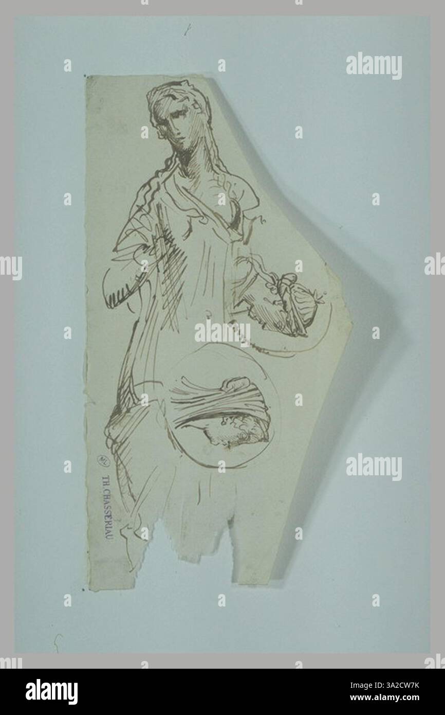 A study of a female statue and two head studies by Chassériau, focusing ...