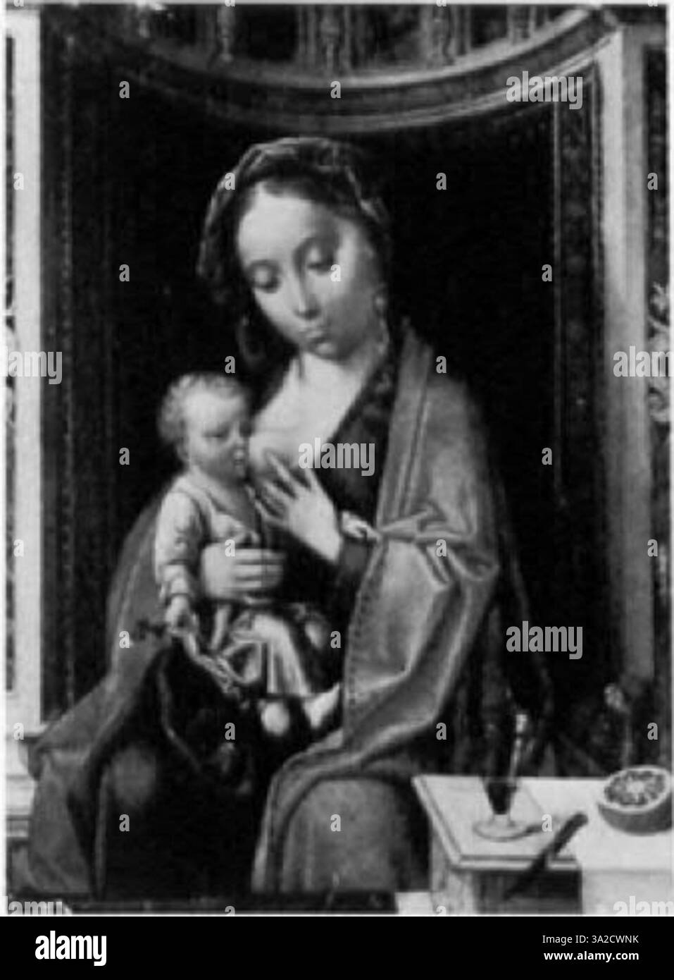 This oil on panel from Joos van Cleve, Jan Provost, and Joachim Patenier shows the Madonna and ...