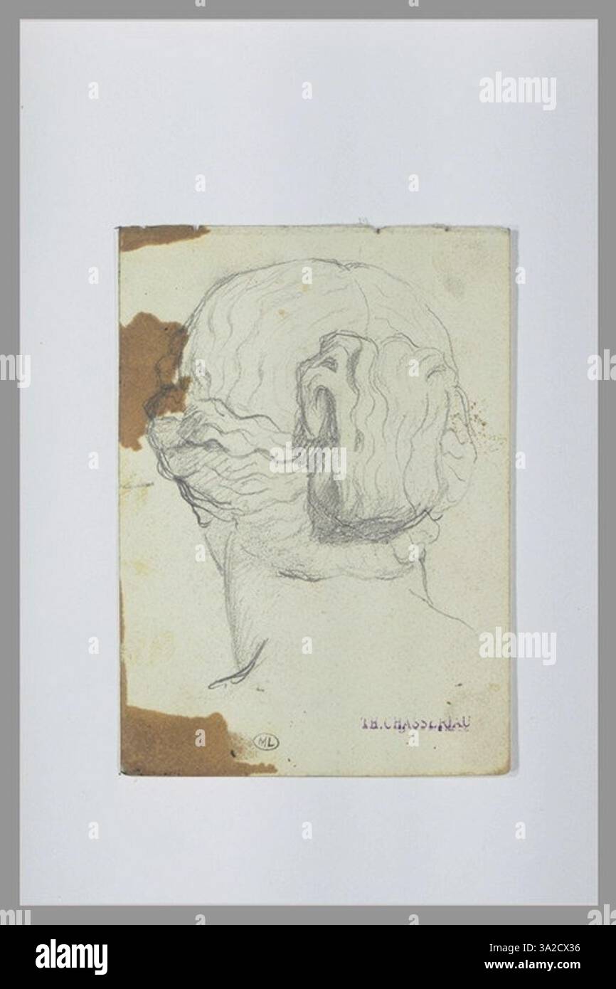 This drawing shows the head of an ancient statue of a woman viewed from ...