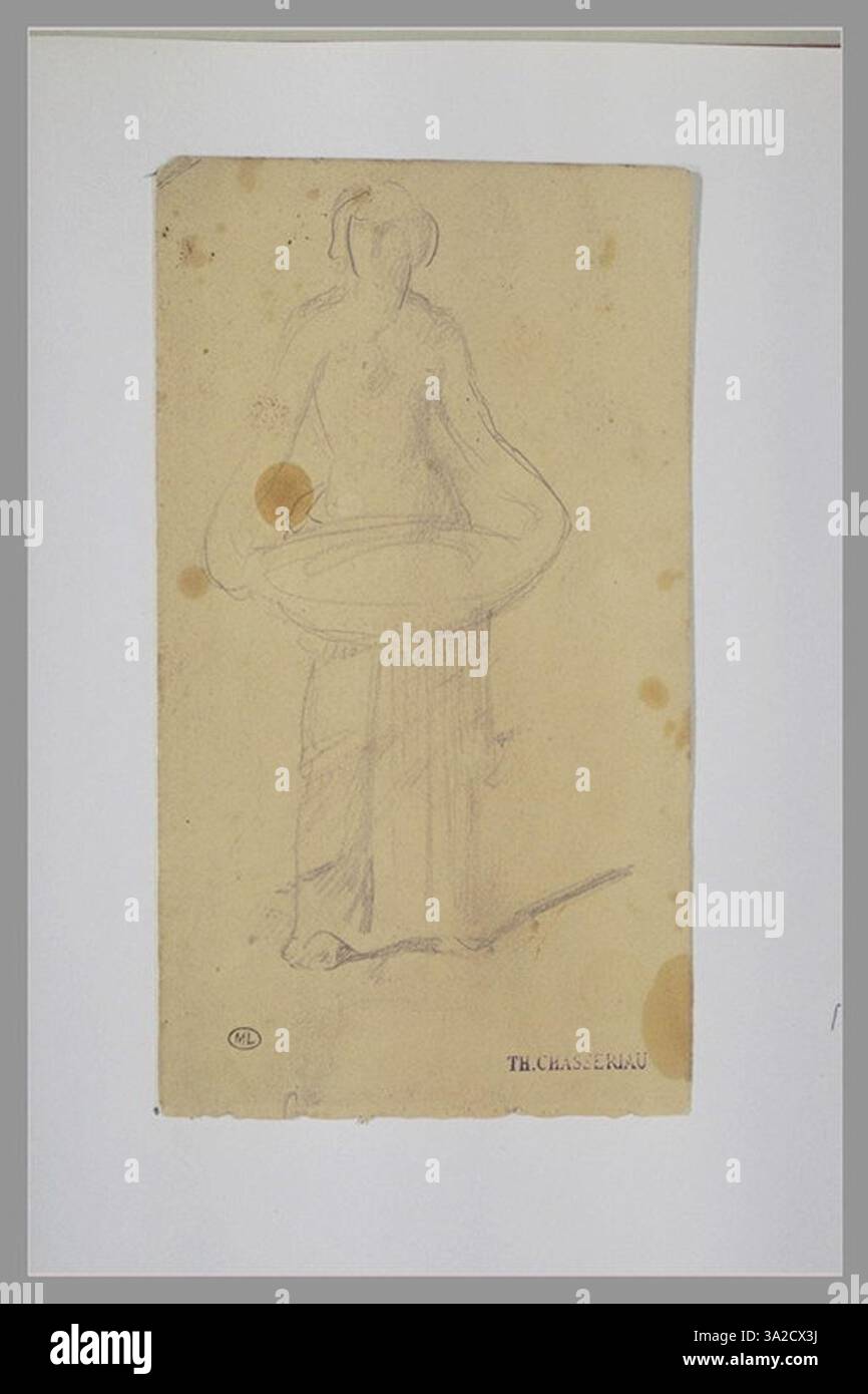 A standing woman facing forward, holding a round basket with both hands ...