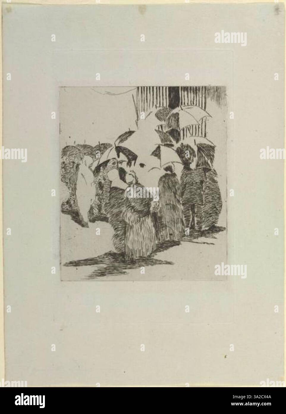 This work captures a moment of daily life with figures waiting in line ...