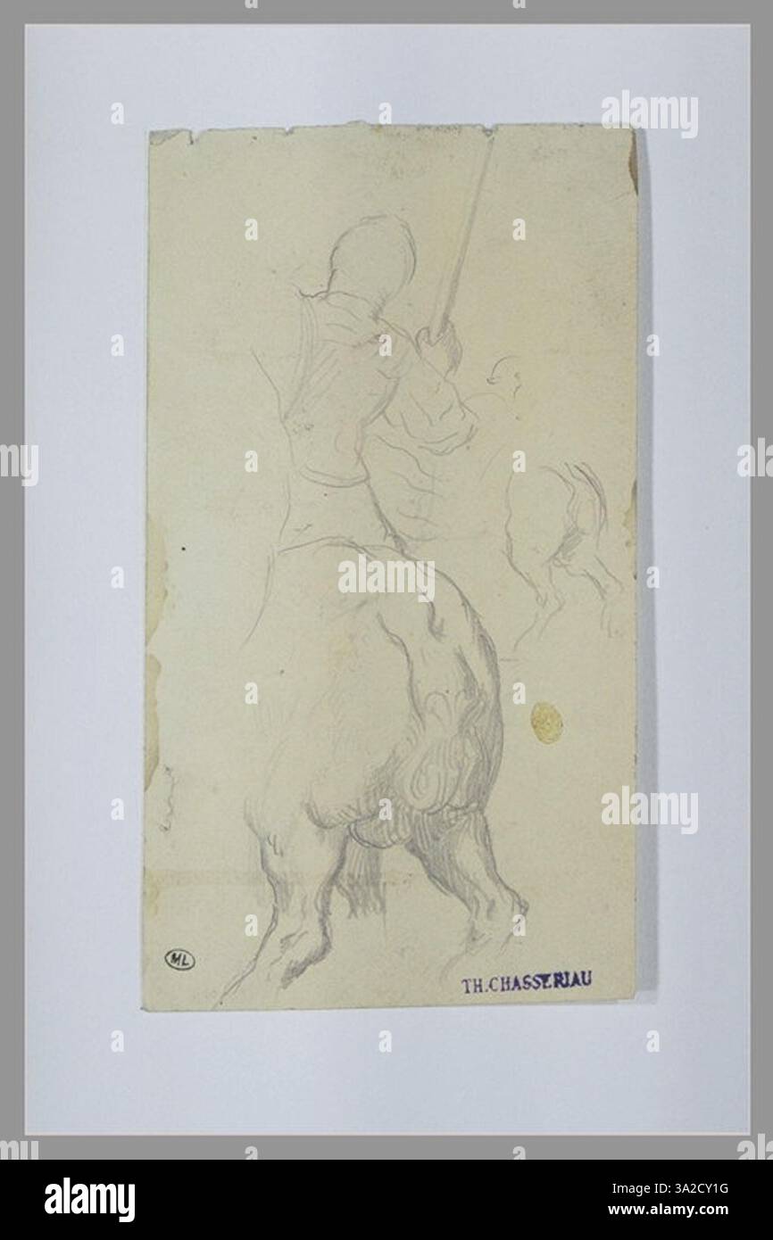 This piece features a warrior on horseback, seen from the back, with a ...