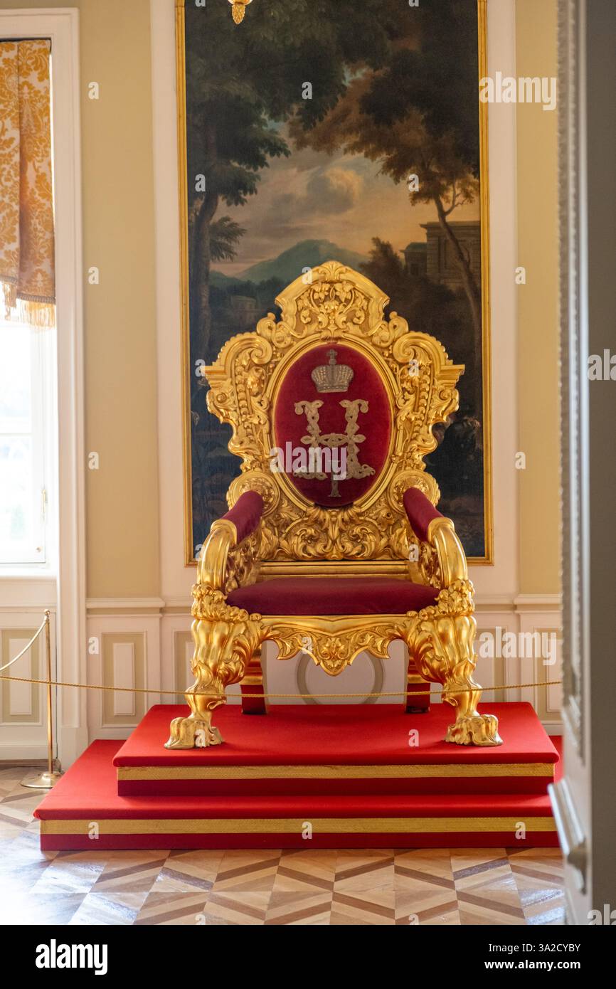 March 11, 2025, St. Petersburg, Russia. A lavish golden throne sits on ...