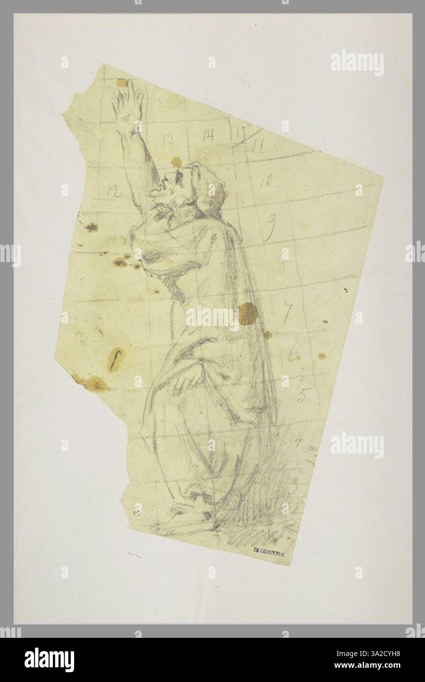 A profile portrait of an oriental figure with the right arm raised ...