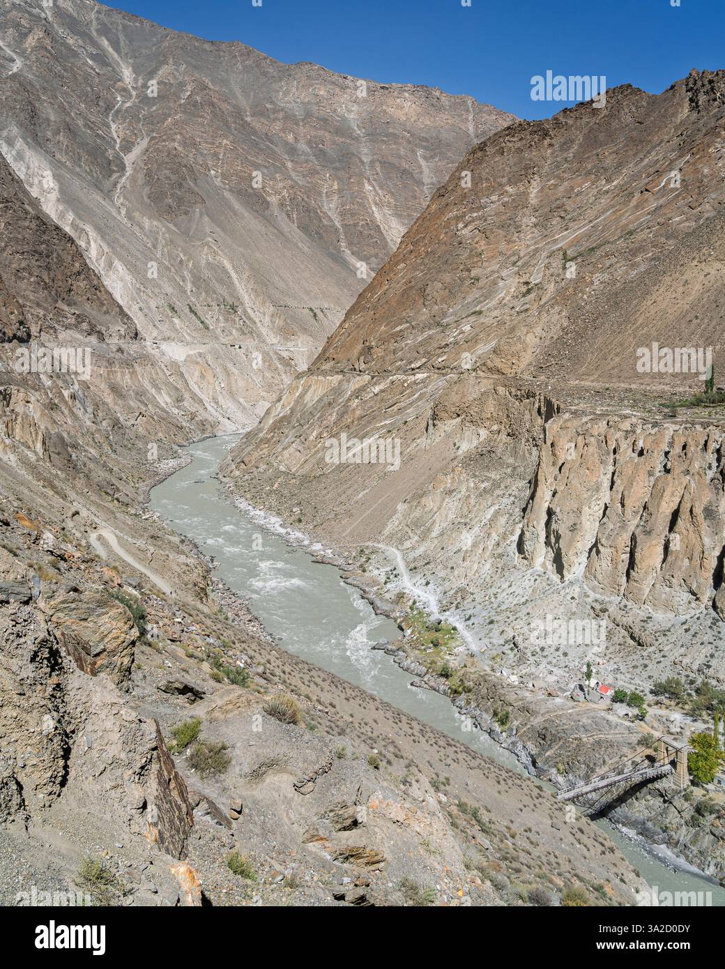 Vertical landscape view of Hunza valley and river along the Karakoram ...