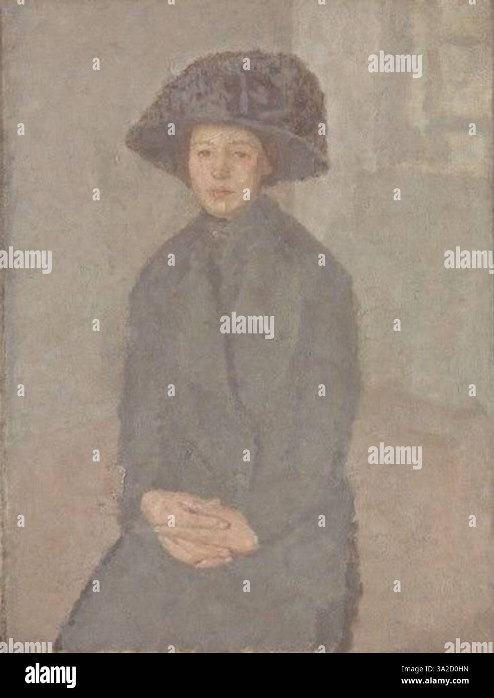 A portrait of a young woman wearing a large hat, her face partially ...