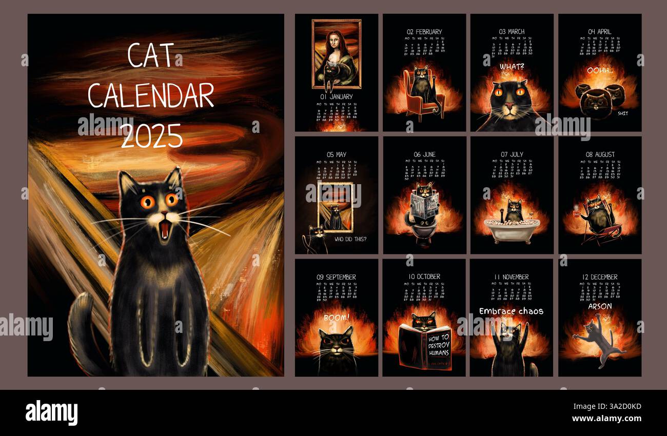 2025 Annual Calendar animals. Set of 12 month illustration. Hand Drawn ...