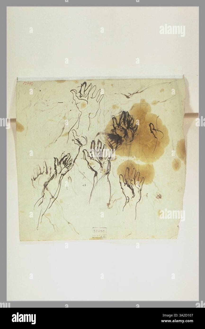 This drawing presents five studies of hands, along with a detailed ...