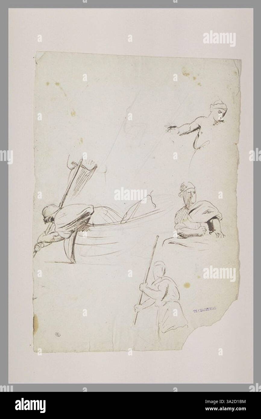 This drawing by Chassériau shows four studies of boatmen, emphasizing ...