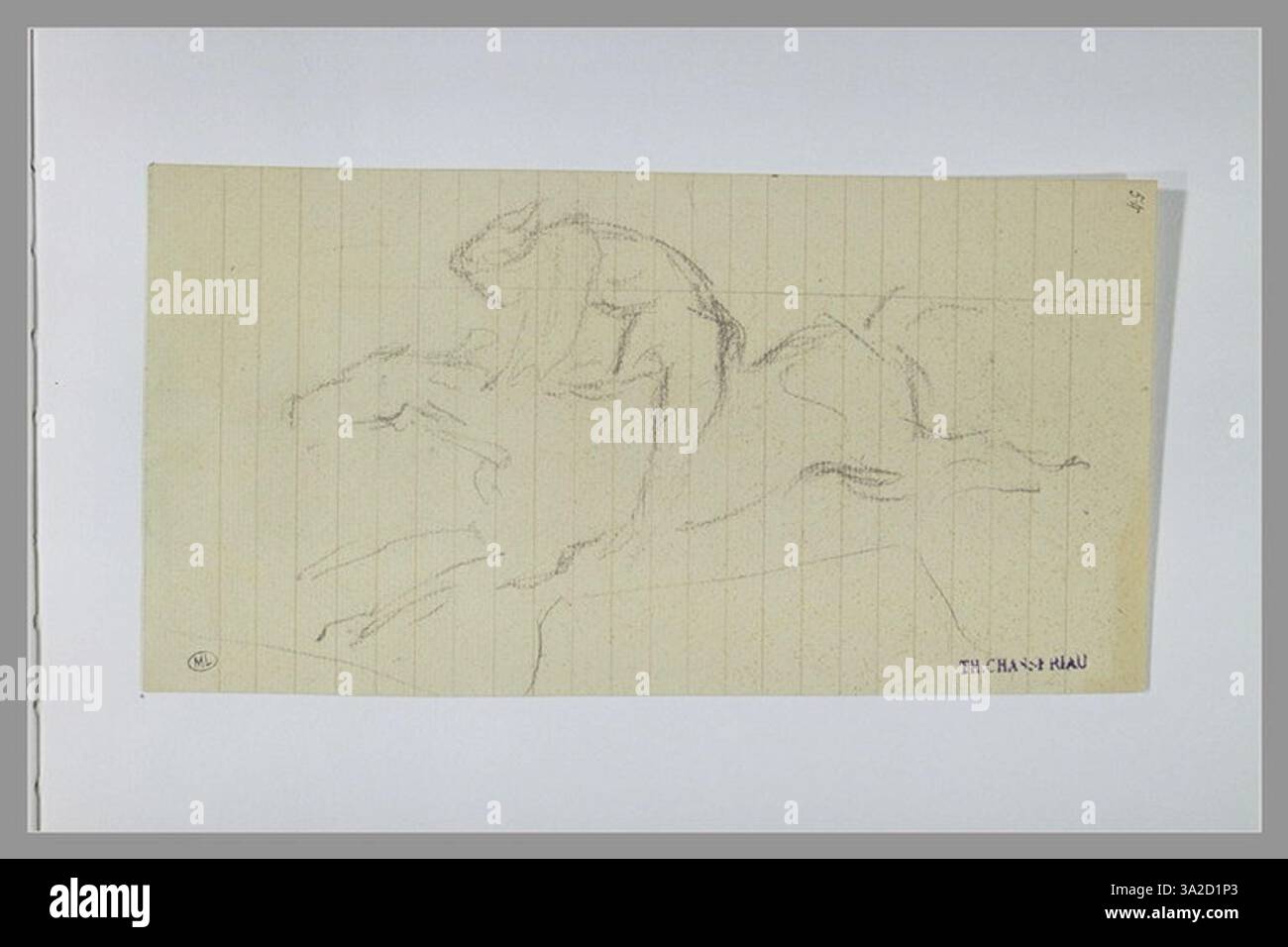 This drawing depicts a male figure riding a galloping horse moving left ...