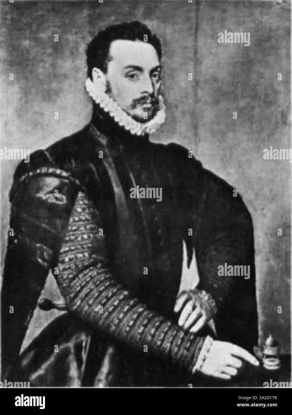 This portrait depicts a noble individual in ornate attire, their solemn ...