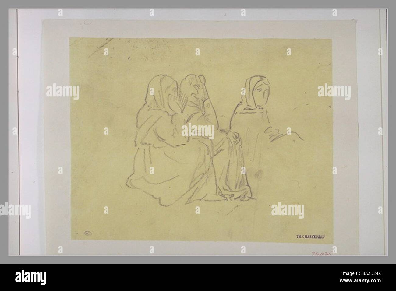 This artwork features three women seated, turned to the right. The ...