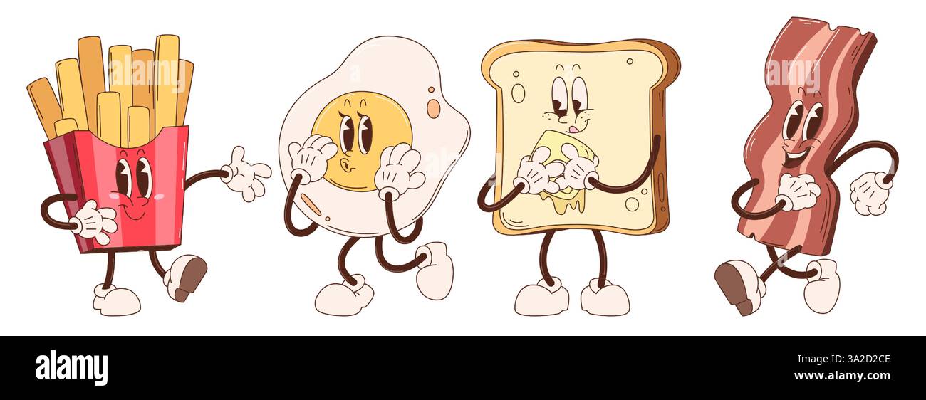 Retro breakfast characters set isolated on white background. Vector ...