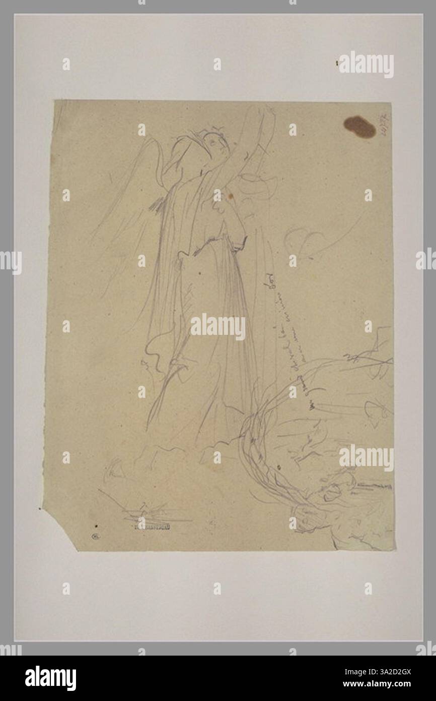 This drawing depicts two angels facing left, with their arms raised to ...