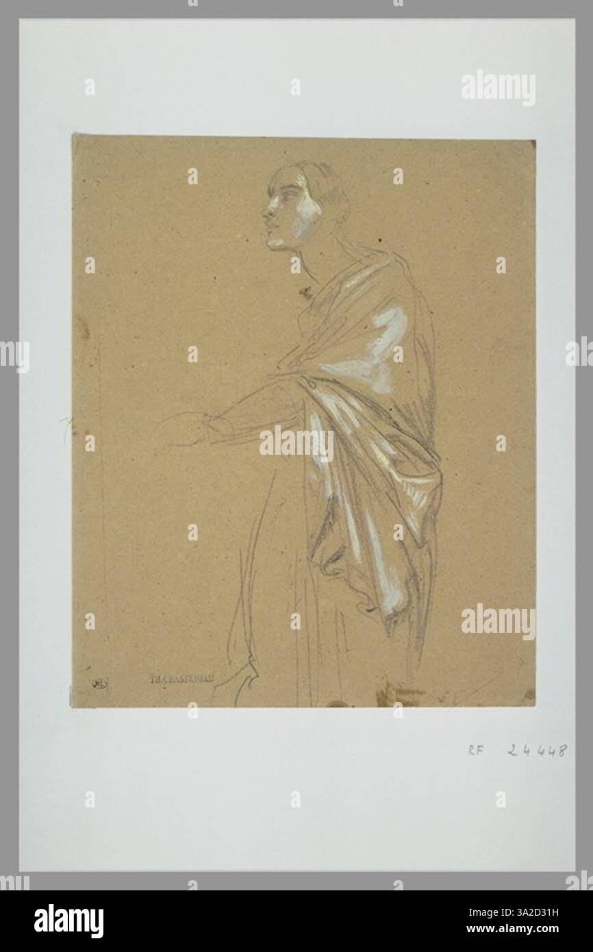This study features a draped woman standing and turned to the left ...