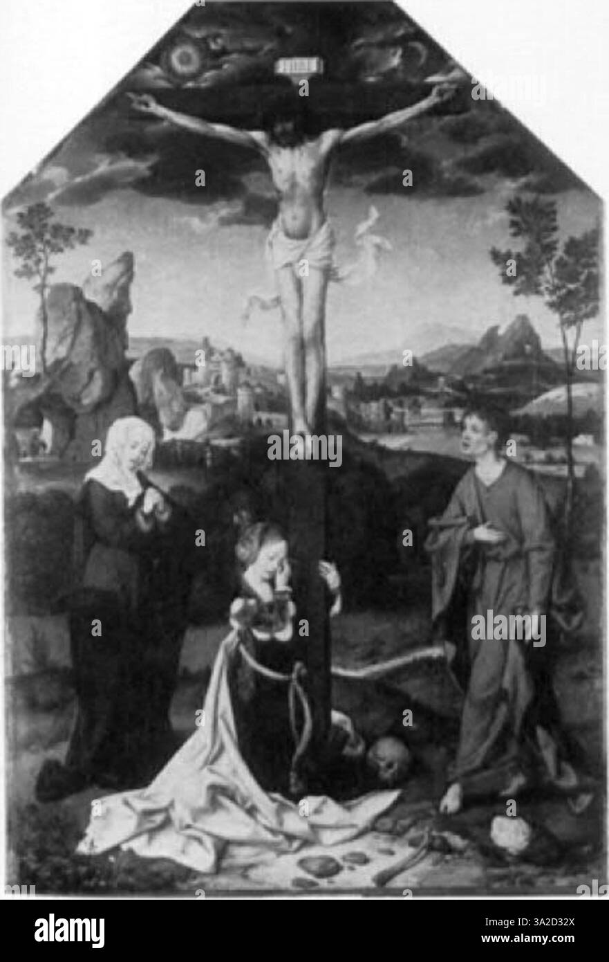 Joos van Cleve, Jan Provost, and Joachim Patenier’s oil on panel depicts a religious subject ...