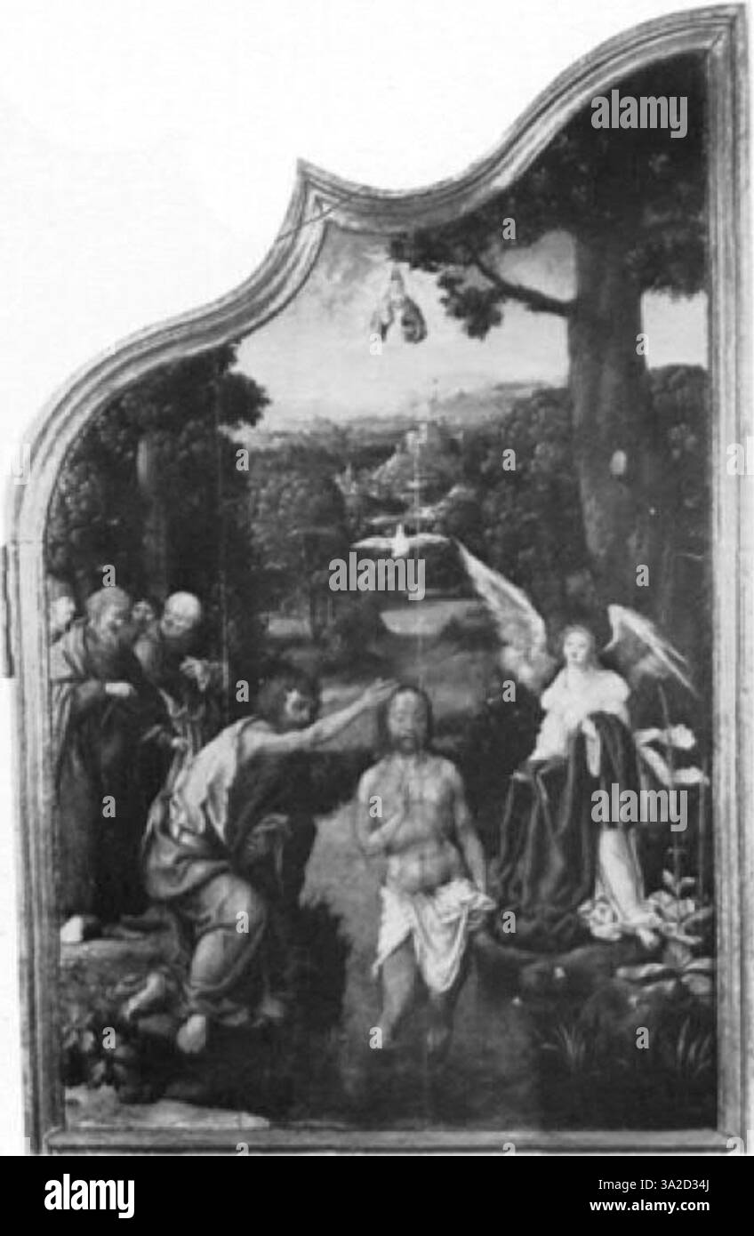 Joos van Cleve, Jan Provost, and Joachim Patenier's painting features a detailed biblical scene ...