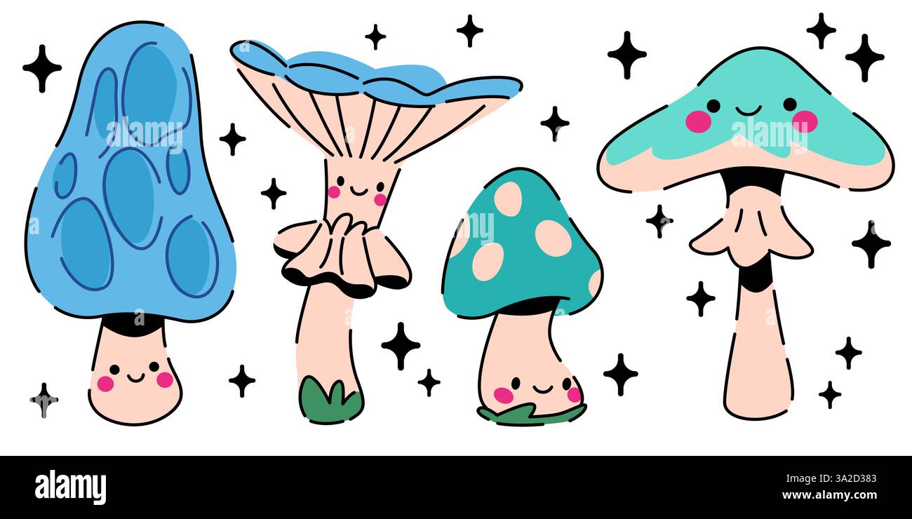 Cute kawaii mushroom characters set with smiling faces. Cartoon fantasy ...