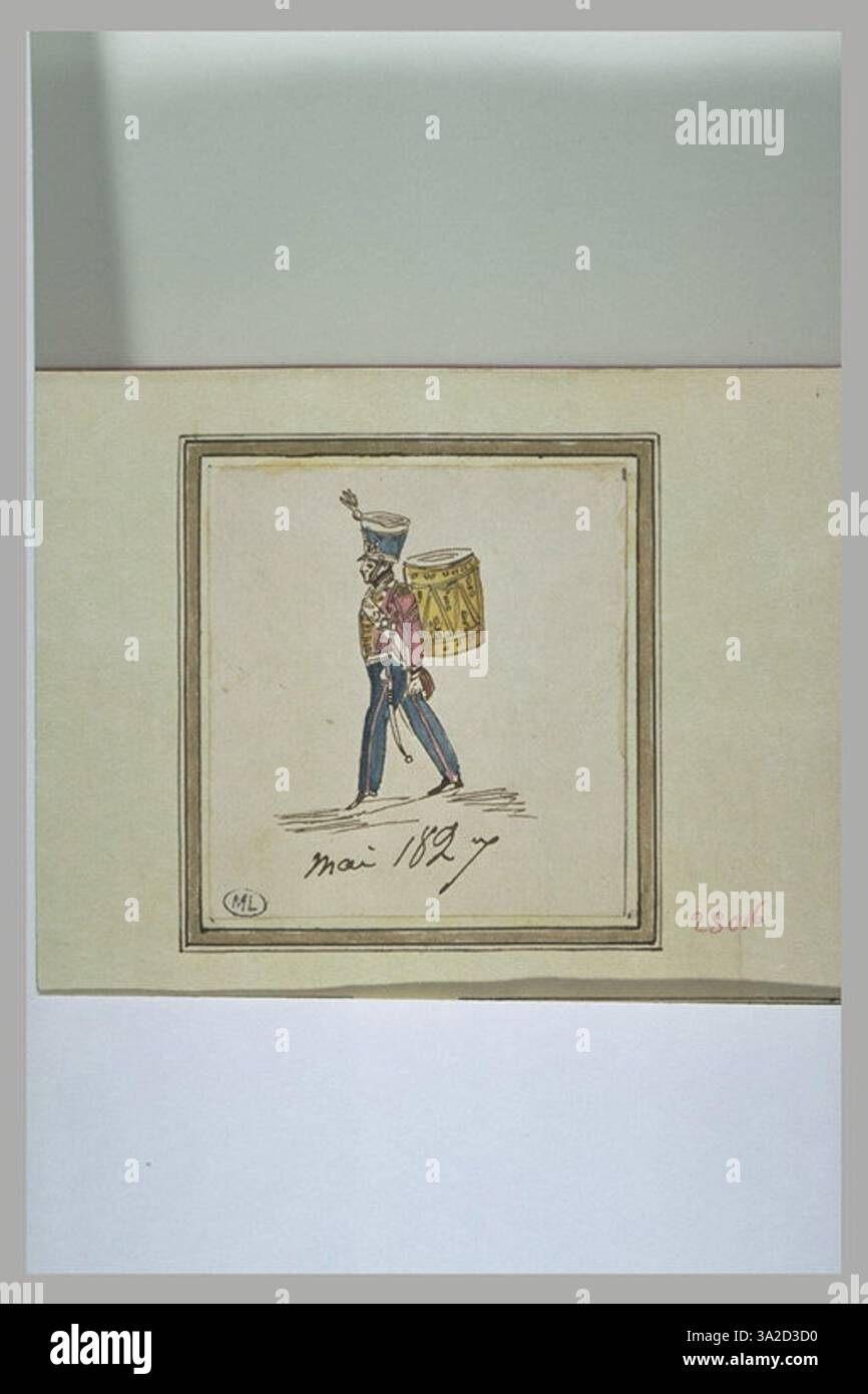 This artwork shows a soldier carrying a drum on his back, emphasizing ...