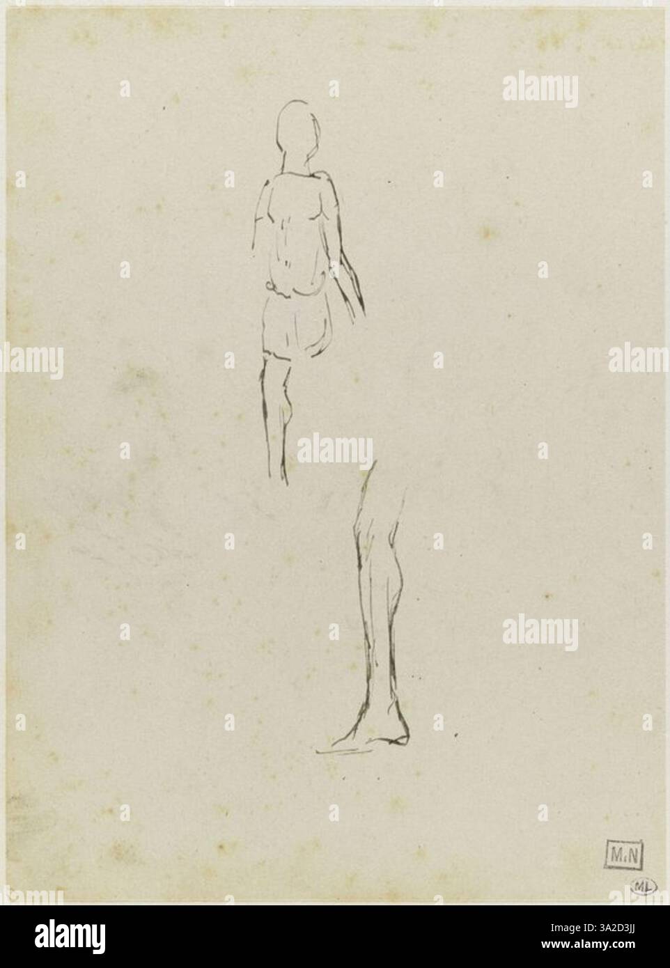 This sketch shows a figure viewed from the back, with additional ...