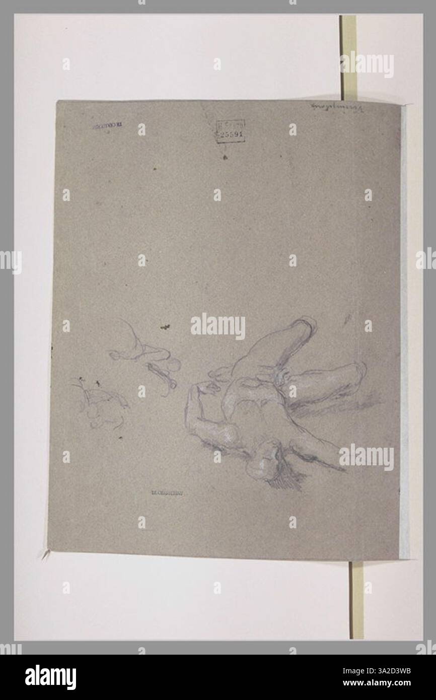 This drawing depicts a male figure lying on the ground, with emphasis ...