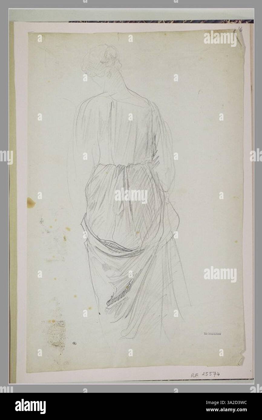 A standing woman viewed from the back. The drawing emphasizes her ...