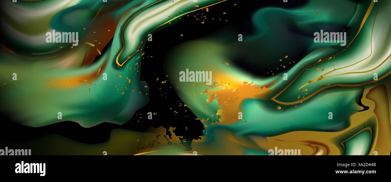 Green gold marble texture with flowing abstract shapes and ink swirls. Luxury background with ...
