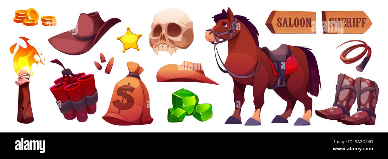 Wild west element set - cowboy hat and sheriff star, skull and horse ...