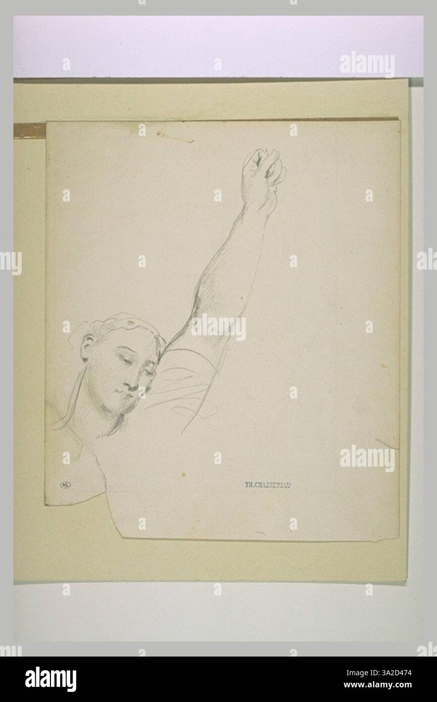 This drawing depicts a woman’s head with her left arm raised and her ...