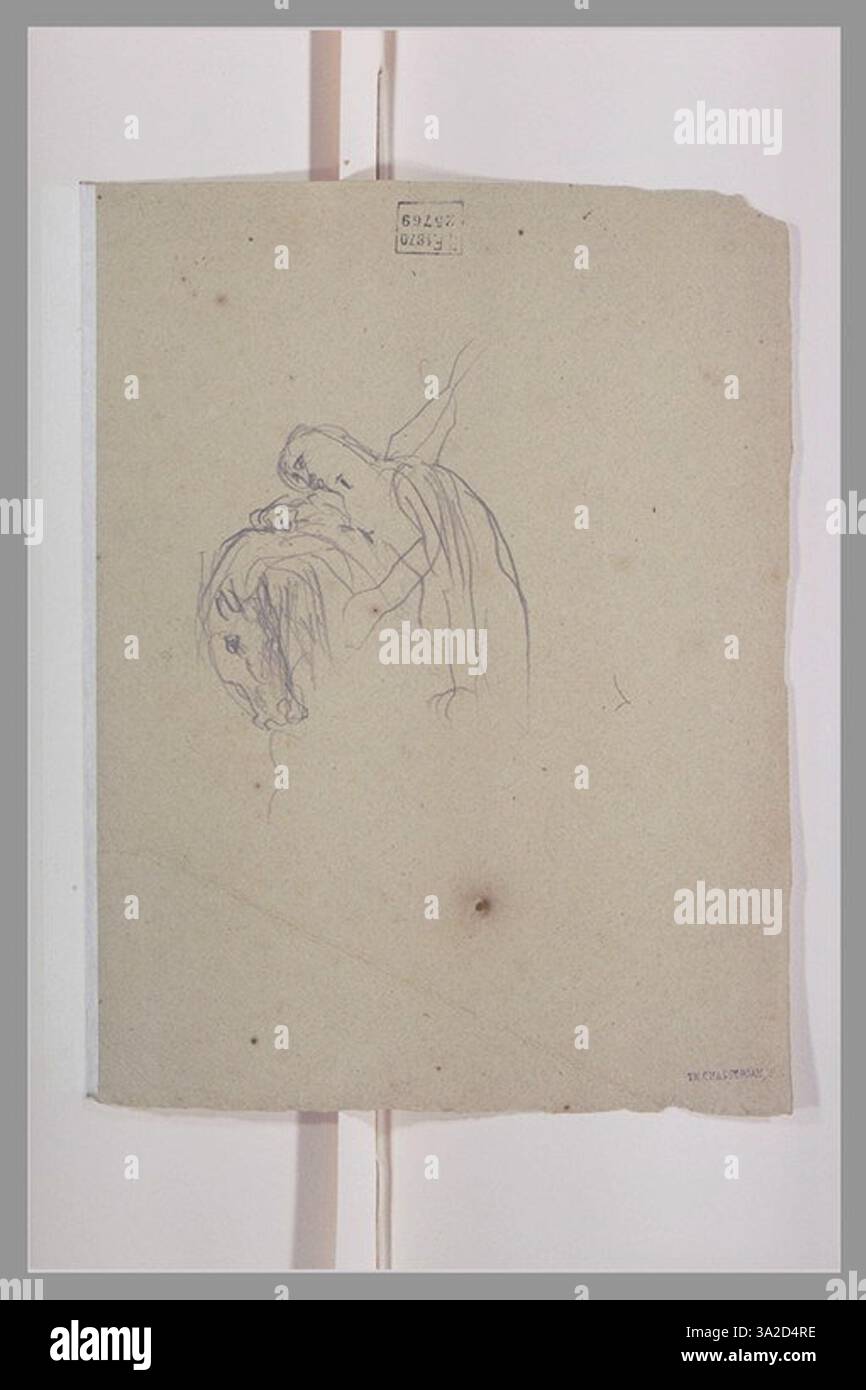 This drawing portrays a male figure bent over a horse's neck ...