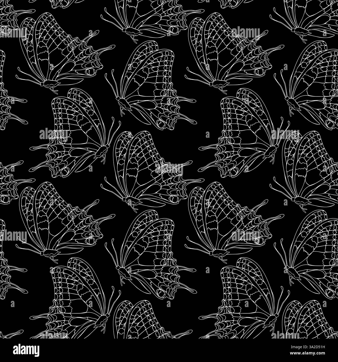 Butterflies black and white ink line vector symmetry seamless pattern ...