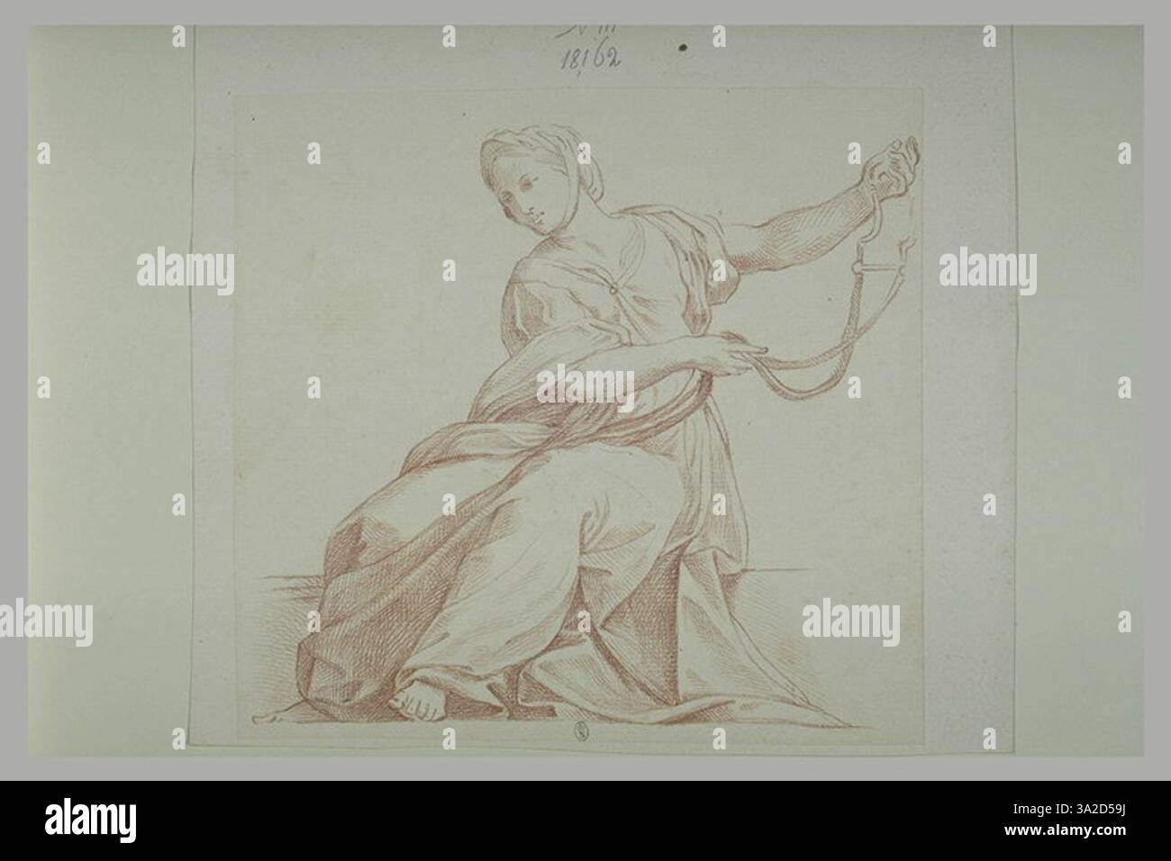 This drawing is a copy after Raphael showing a seated woman holding a bridle, representing ...